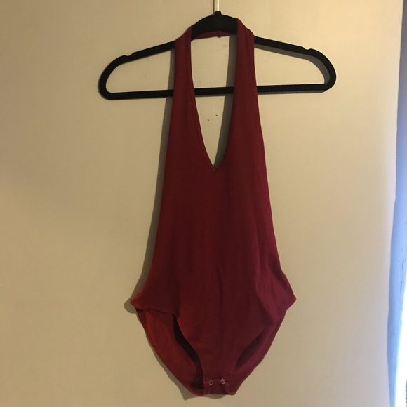 Tops | 425 Maroon Deep V Halter Open Back Bodysuit Medium | Poshmark